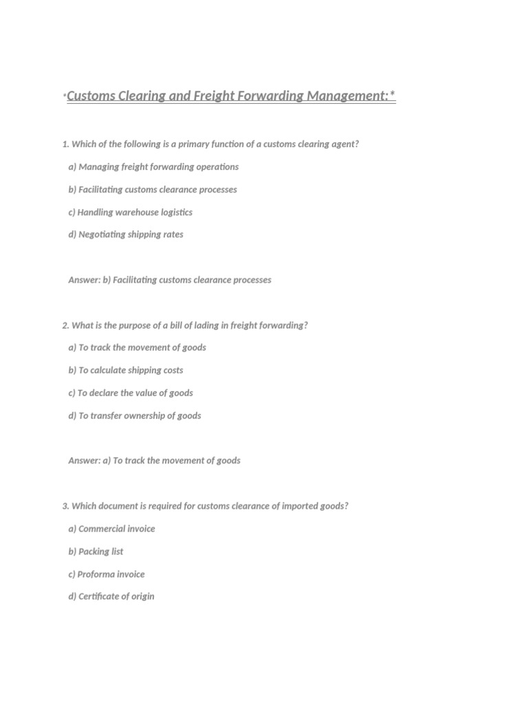 Model Exam of Customs Clearing and Freight Management Question and ...