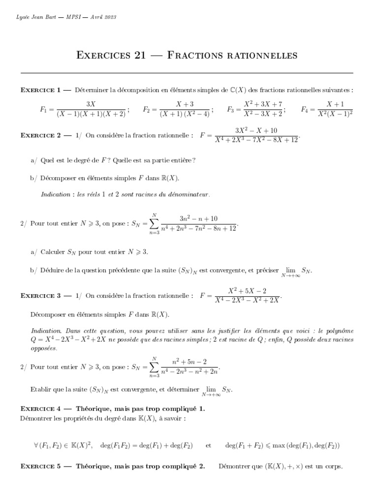 Exercices de décomposition en éléments simples | PDF | Zéro d'une ...