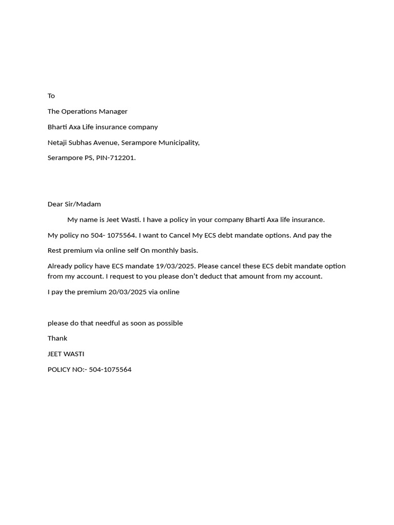 ECS Cancellation Request for Policy 504-1075564 | PDF