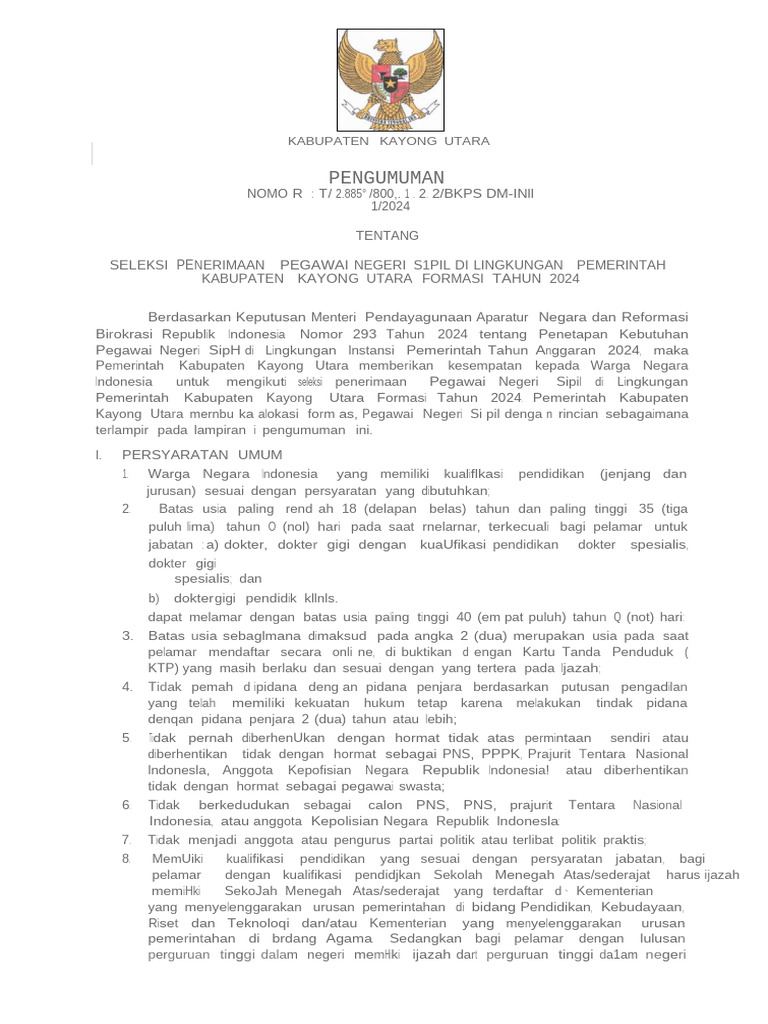 Pengumuman Penerimaan Pegawai Negeri Sipil Di Lingkungan Pemerintah Kab. Kayong Utara Formasi ...