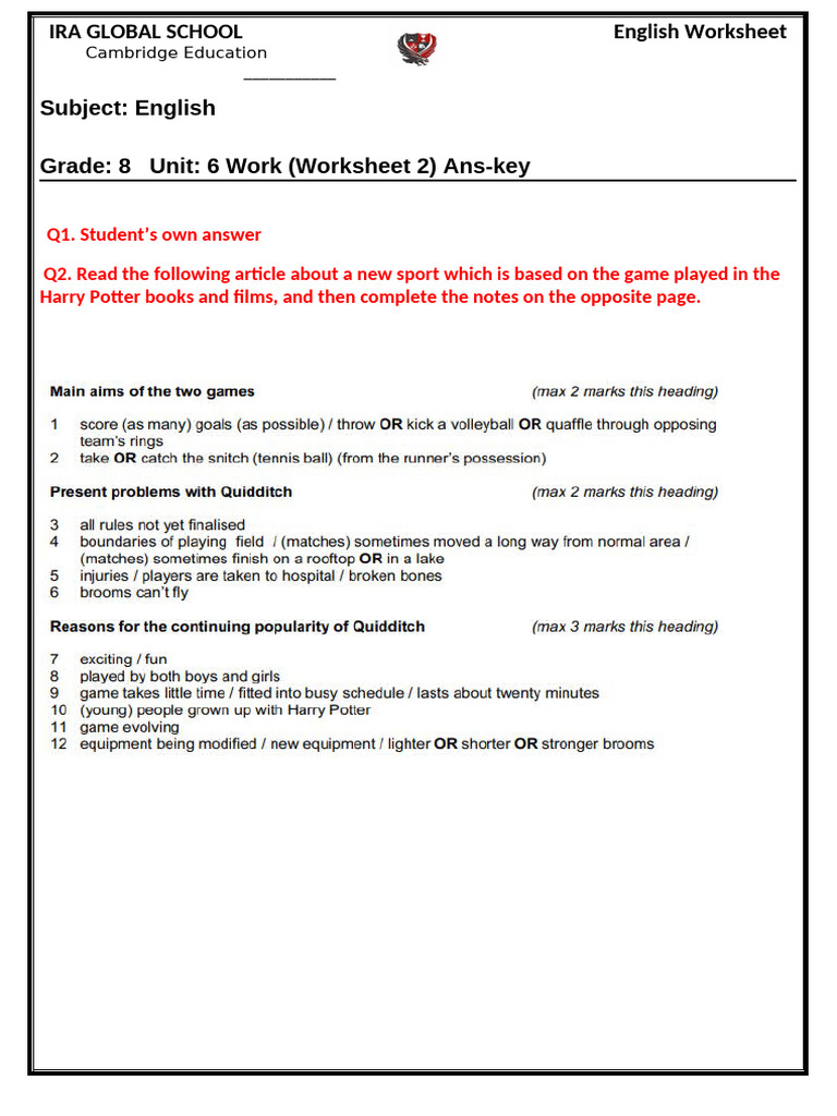 Grade 8 Eng ws2 Unit 6 Work Anskey | PDF