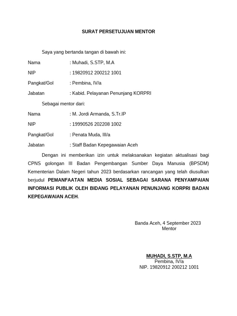 SURAT PERSETUJUAN MENTOR | PDF