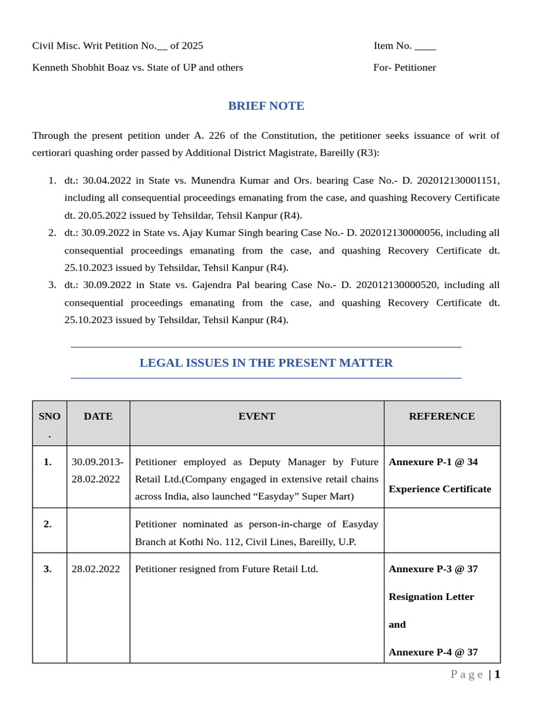 Brief Note - Kenneth Shobhit Boaz vs. State of UP and Others | PDF | Certiorari | Writ