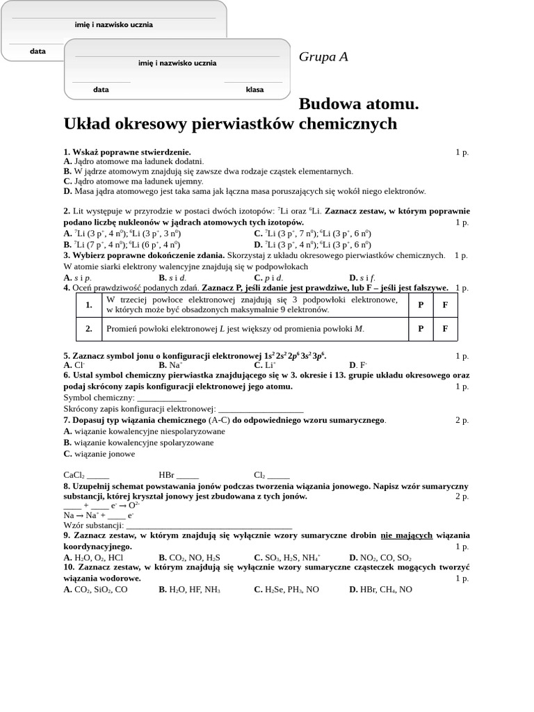 Sprawdzian 1 Budowa Atomu Uklad Okresowy Pierwiastkow Chemicznych Grupa A | PDF