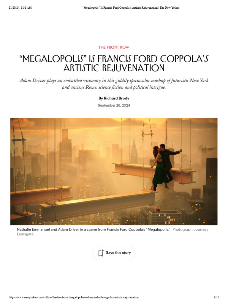 "Megalopolis" Is Francis Ford Coppola's Artistic Rejuvenation, by Richard Brody, The New Yorker ...
