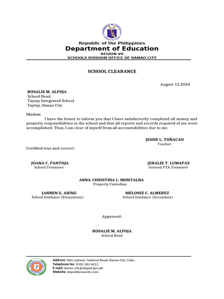School Clearance Certificate Danao City | PDF