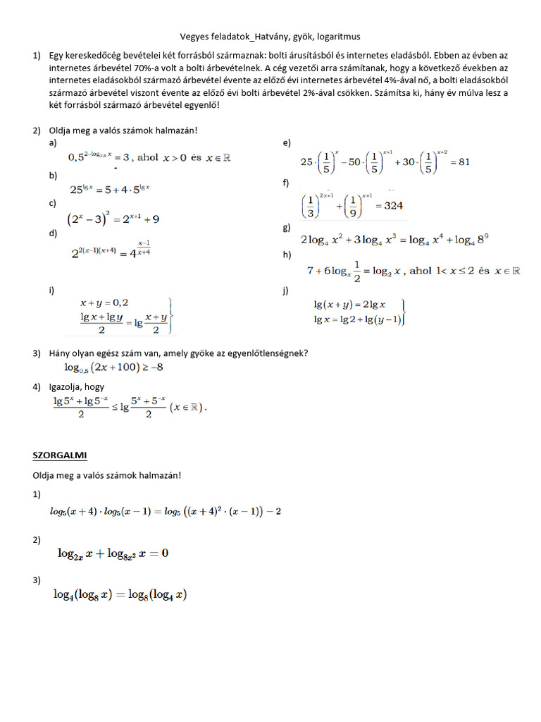 Vegyes Feladatok - Hatvány, Gyök, Logaritmus | PDF