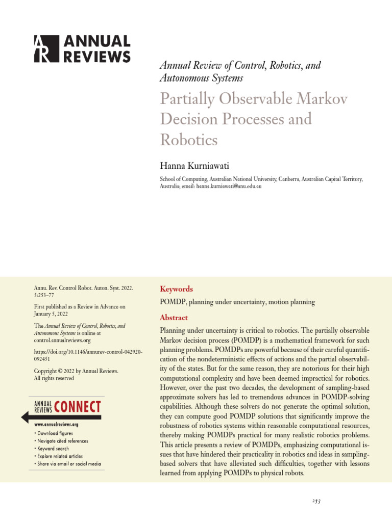 Partially Observable Markov Decision Processes and Robotics | PDF | Probability Theory ...
