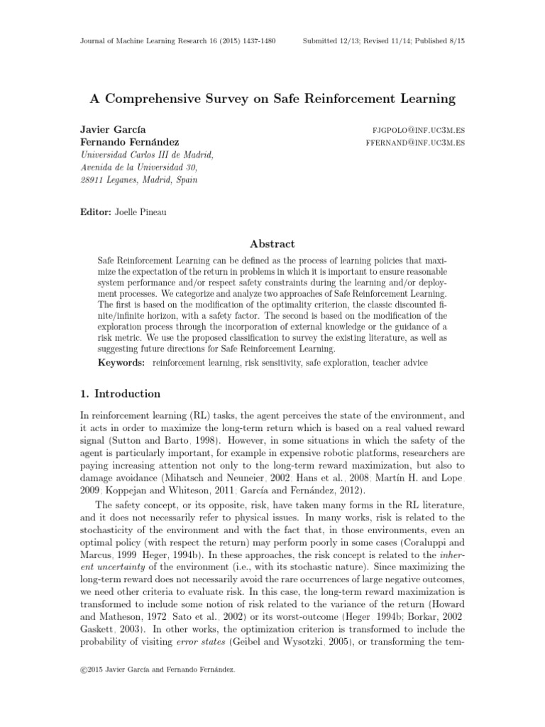 A Comprehensive Survey On Safe Reinforcement Learning | PDF | Applied Mathematics | Probability ...