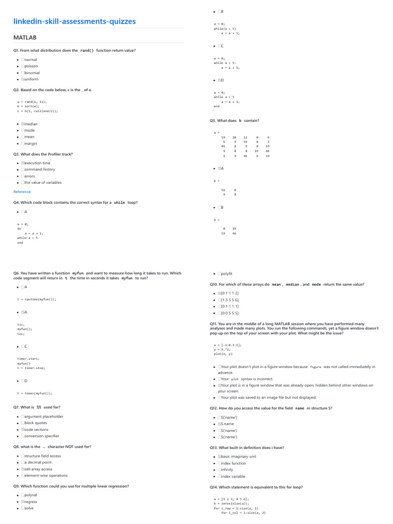 MATLAB Skill Assessment Quiz | PDF | Matrix (Mathematics) | Matrix Theory