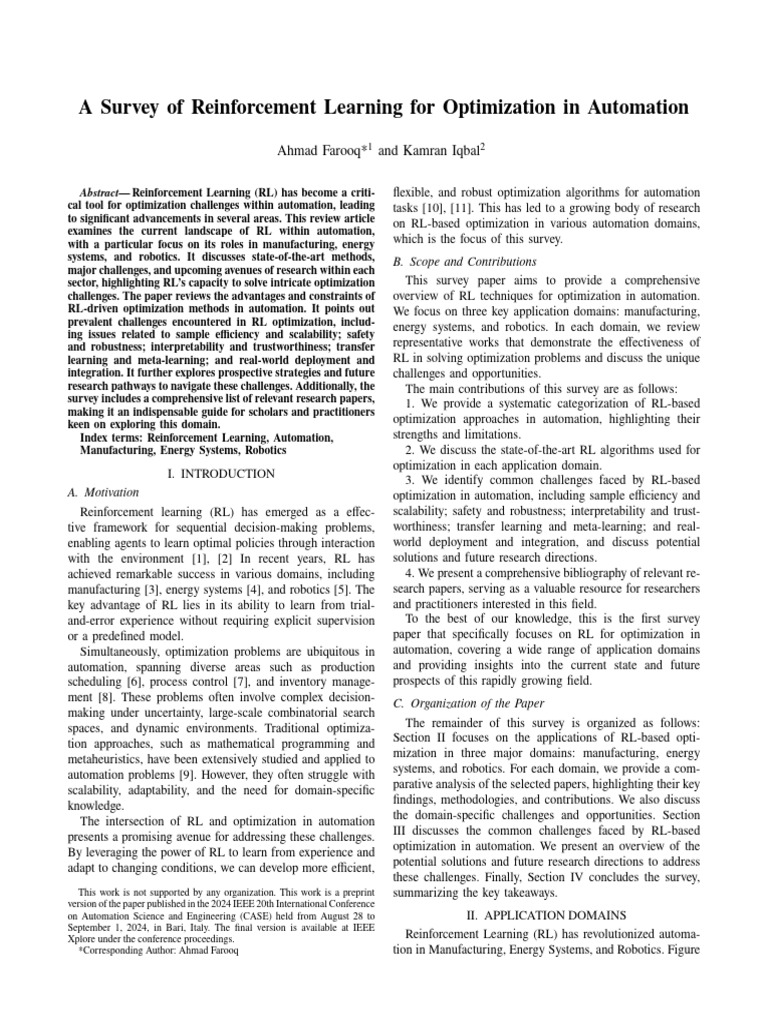 A Survey of Reinforcement Learning For Optimization in Automation | PDF ...