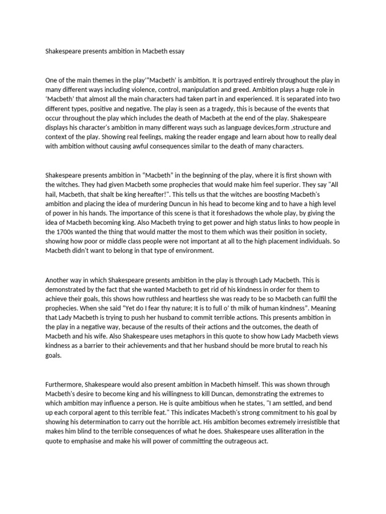 Shakespeare Presents Ambition in Macbeth Essay | PDF | Macbeth