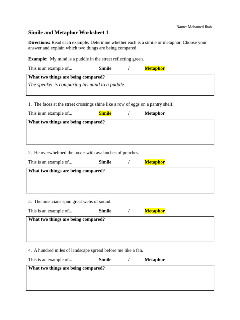 Simile and Metaphor Identification Worksheet | PDF