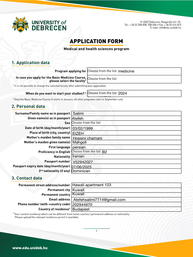 University of Debrecen Med Application Form | PDF | University And ...