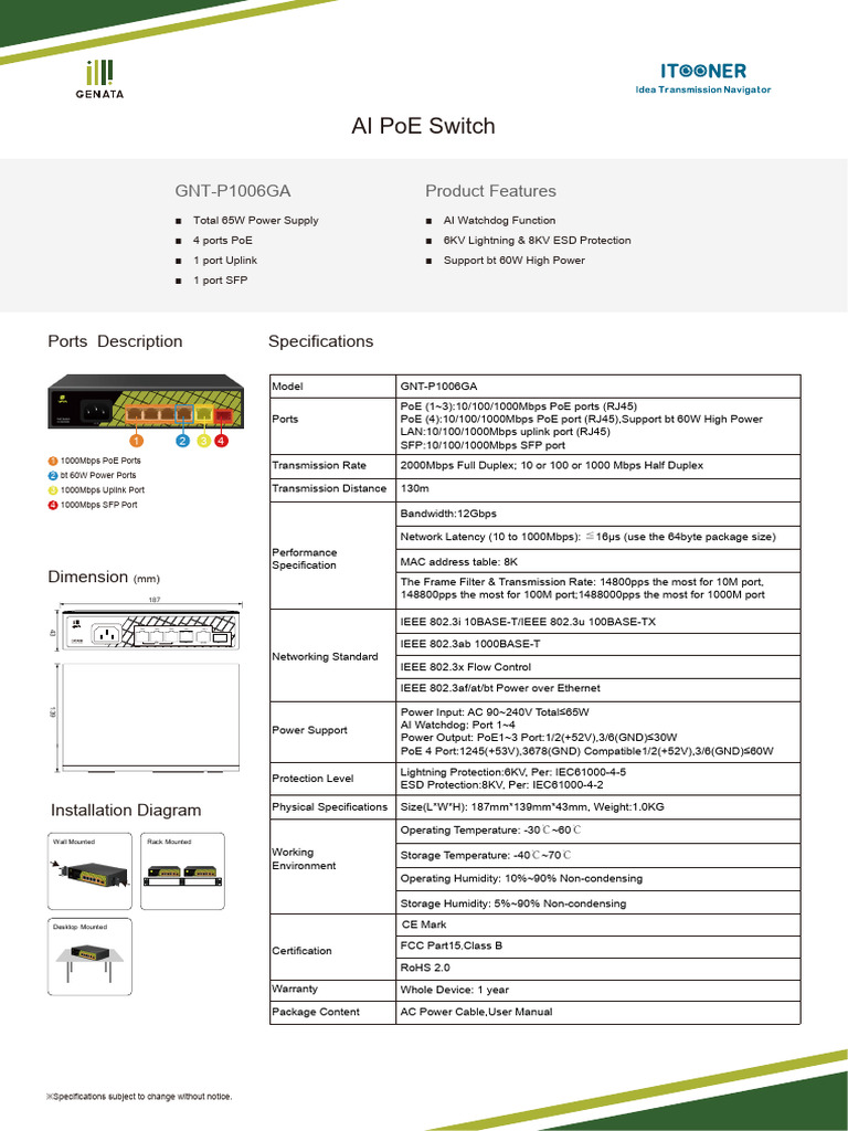GENATA 4 Port Gigabit PoE Switch GNT P1006GA DataSheet | PDF | Computer ...