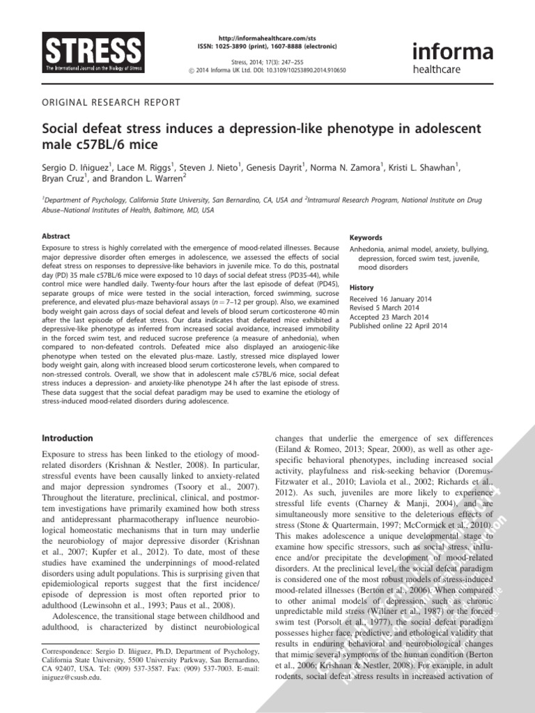 Social Defeat Stress in Adolescent Mice | PDF | Major Depressive ...