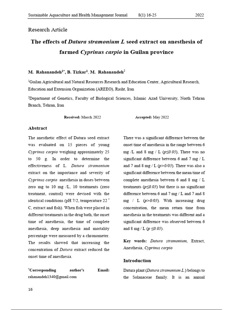 Datura Extract for Carp Anesthesia | PDF | Anesthesia | Experiment
