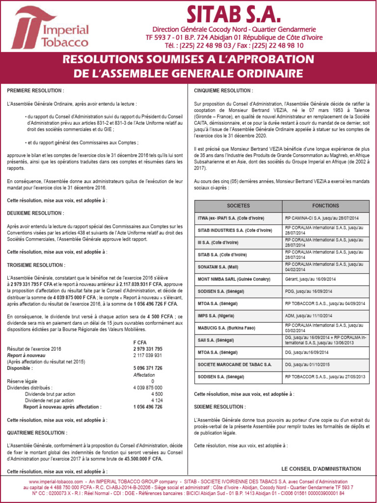 Résolutions de l'Assemblée Générale SITAB | PDF | Dividende | Les sociétés