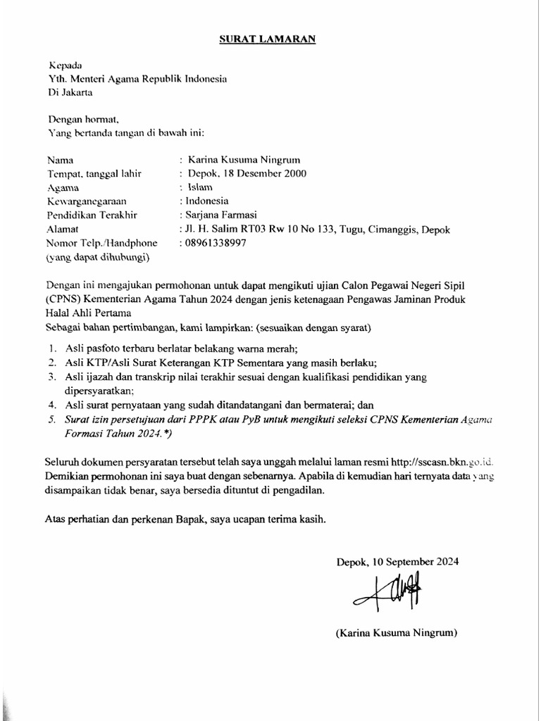 SURAT LAMARAN KARINA | PDF