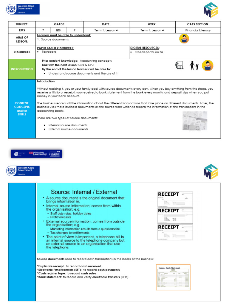 Lesson Plan Grade 8 EMS Term 1 Lesson 4 | PDF | Banks | Debits And Credits