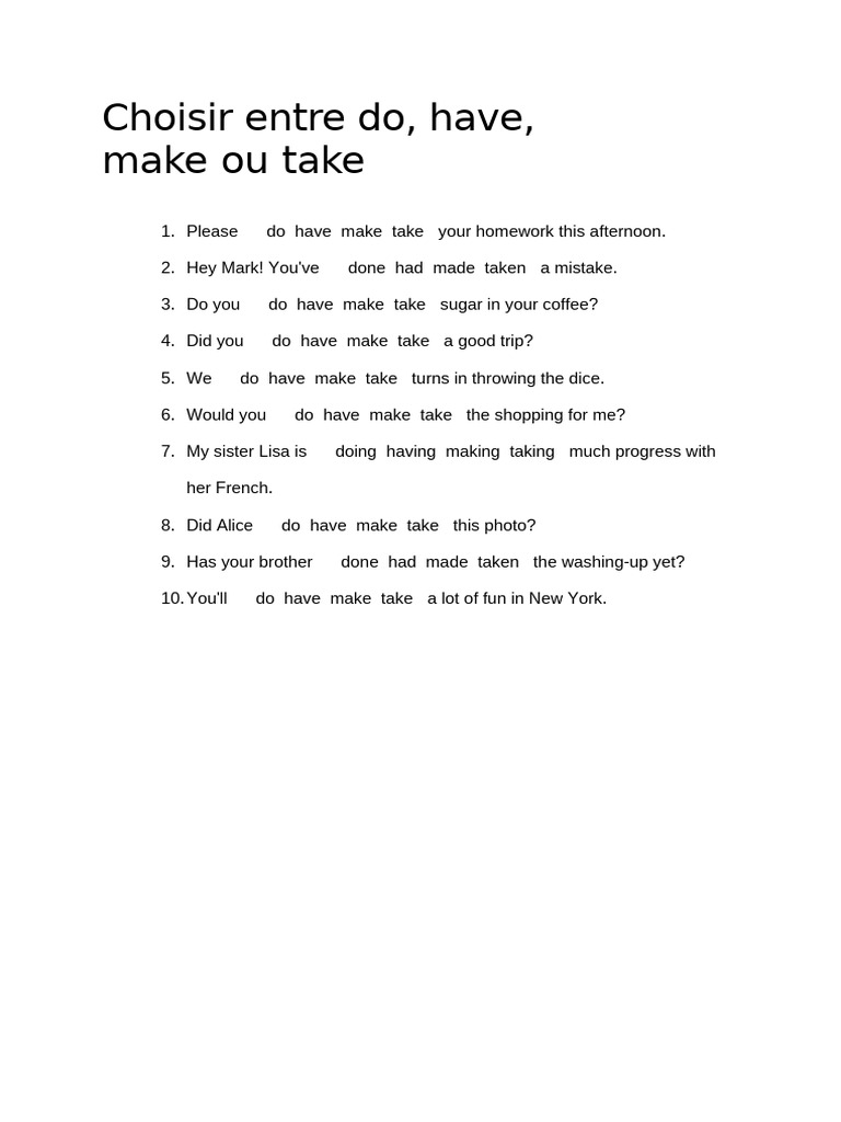 Do, Make, Have, Take Exercises | PDF