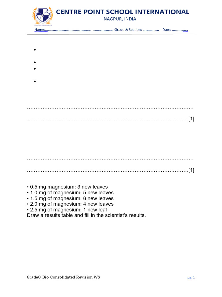 Grade8_Bio_Consolidated Revision WS for SA-1_2024-25 | PDF | Urine | Photosynthesis