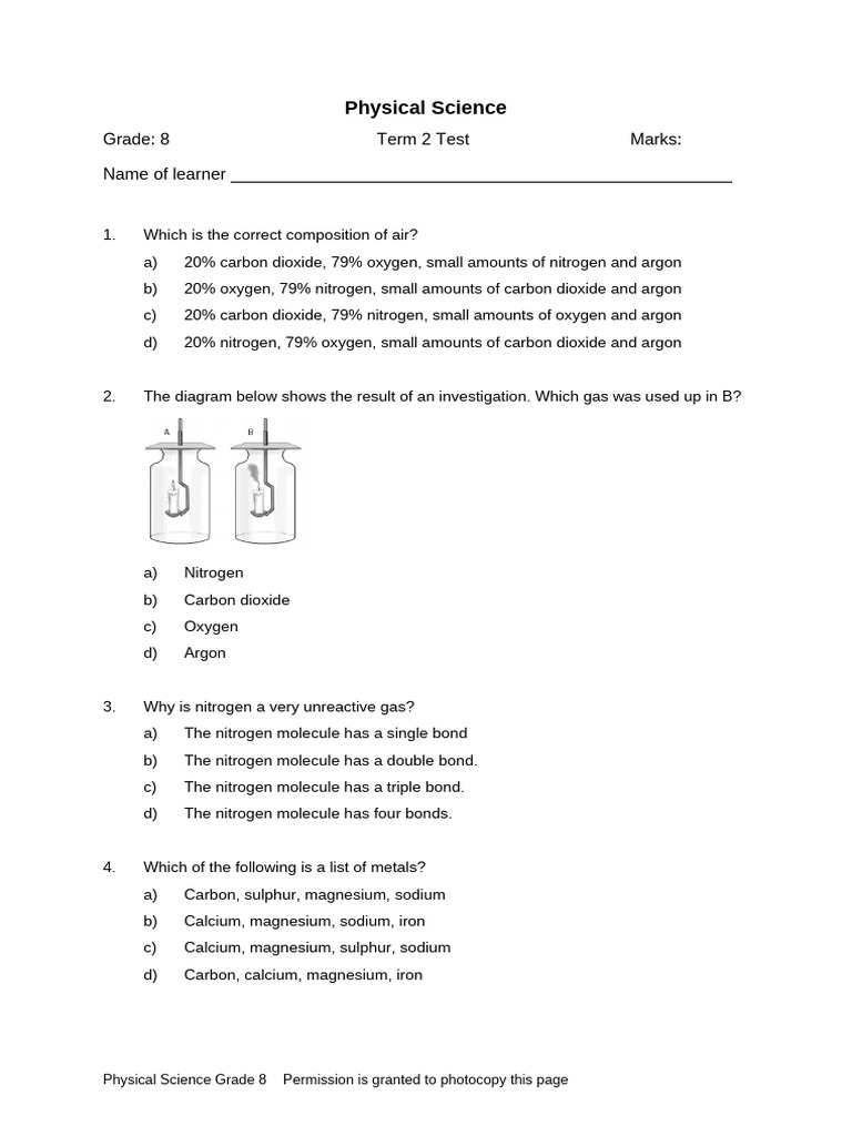 Grade 8 Physical Science Test Guide | PDF | Force | Oxide