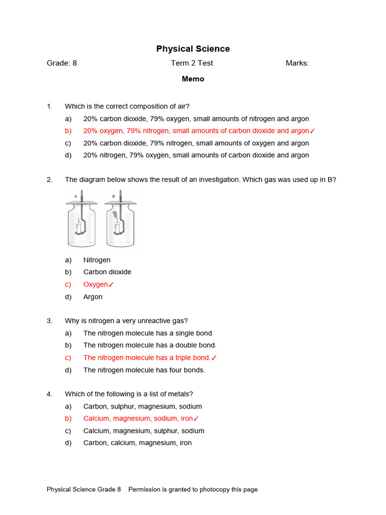 Platinum Physical Science Grade 8 - Term 2 - Test Memo | PDF | Force ...