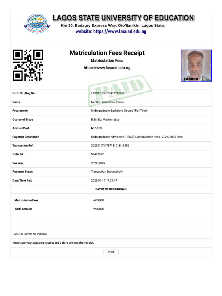 Matriculation Fees - LASUED Payment Receipt | PDF