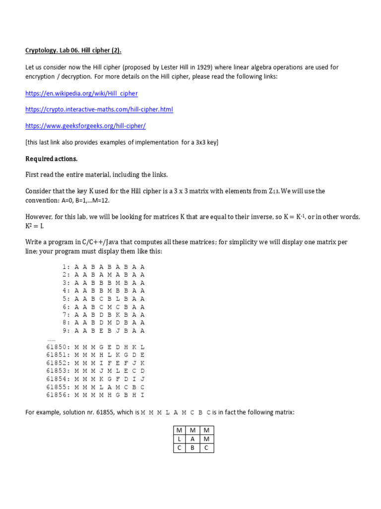 Cryptology - Lab06 - Hill Cipher | PDF