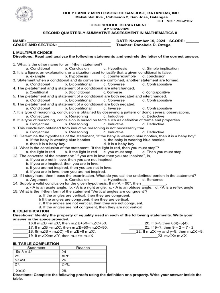 Math8 Q2 QSA | PDF | Inductive Reasoning | Deductive Reasoning
