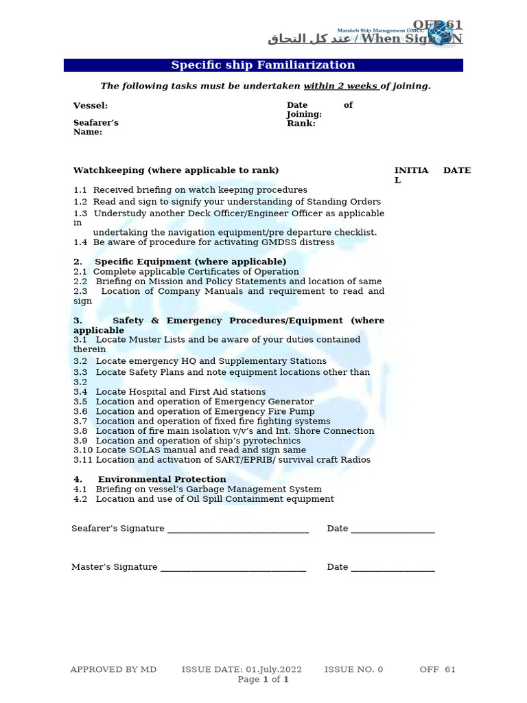 OFF 61 - Specific Ship Familiarization | PDF