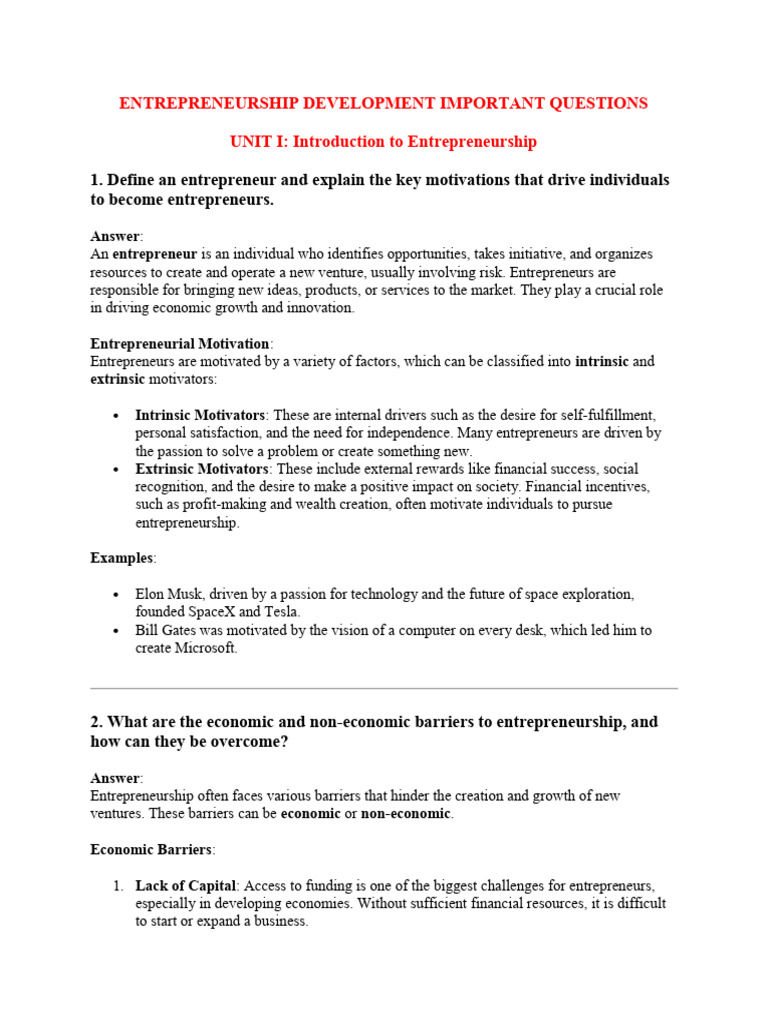 Entrepreneurship Development Important Questions | PDF ...