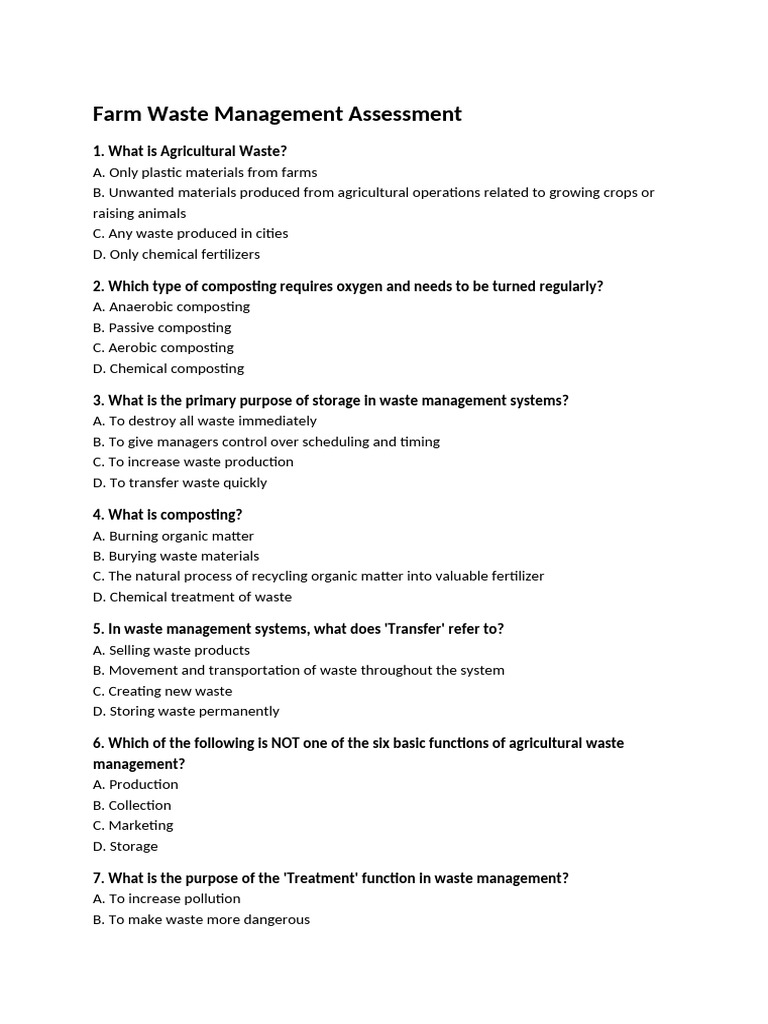 Farm Waste Management Quiz and Functions | PDF