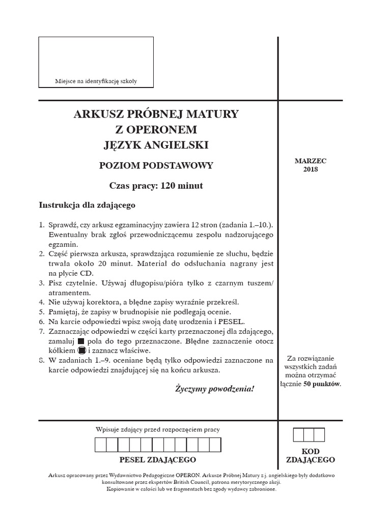 II Edycja Probna Matura Angielski PP Arkusz Z Karta Odp | PDF