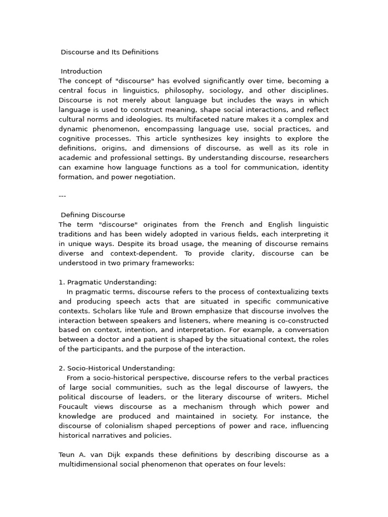 Discourse and Its Definitions | PDF | Discourse | Linguistics