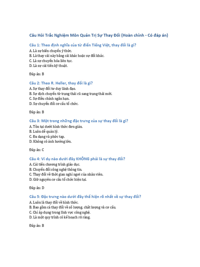 Cau Hoi Trac Nghiem Quan Tri Su Thay Doi 50 Cau Co Dap An Chinh Xac | PDF
