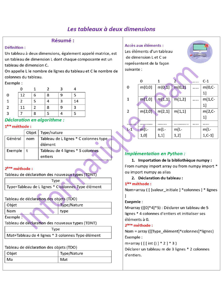 Les Tableaux À Deux Dimensions | PDF