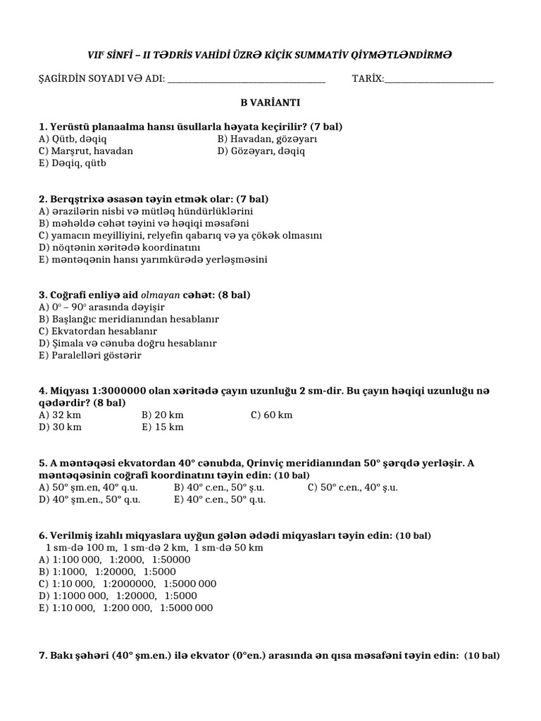 VII Sinif Coğrafiya ksq-2 | PDF