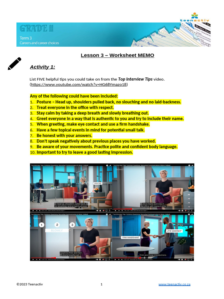 11 Lesson 3 - Worksheet MEMO | PDF