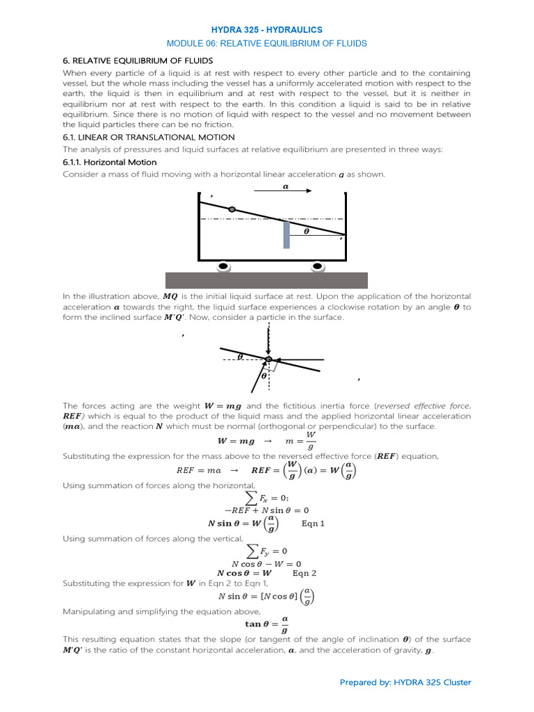 Relative Equilibrium of Fluids Explained | PDF | Force | Liquids