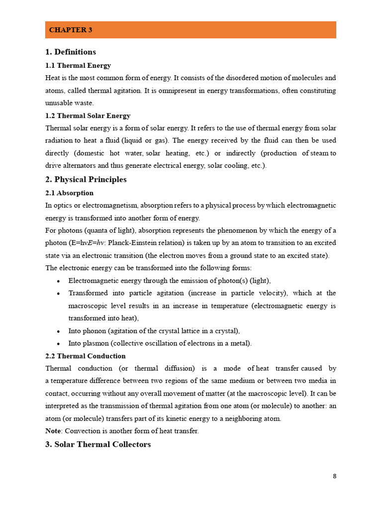 Chapter III Thermal Solar Energy (Photo-Thermal) | PDF | Electromagnetic Radiation | Heat