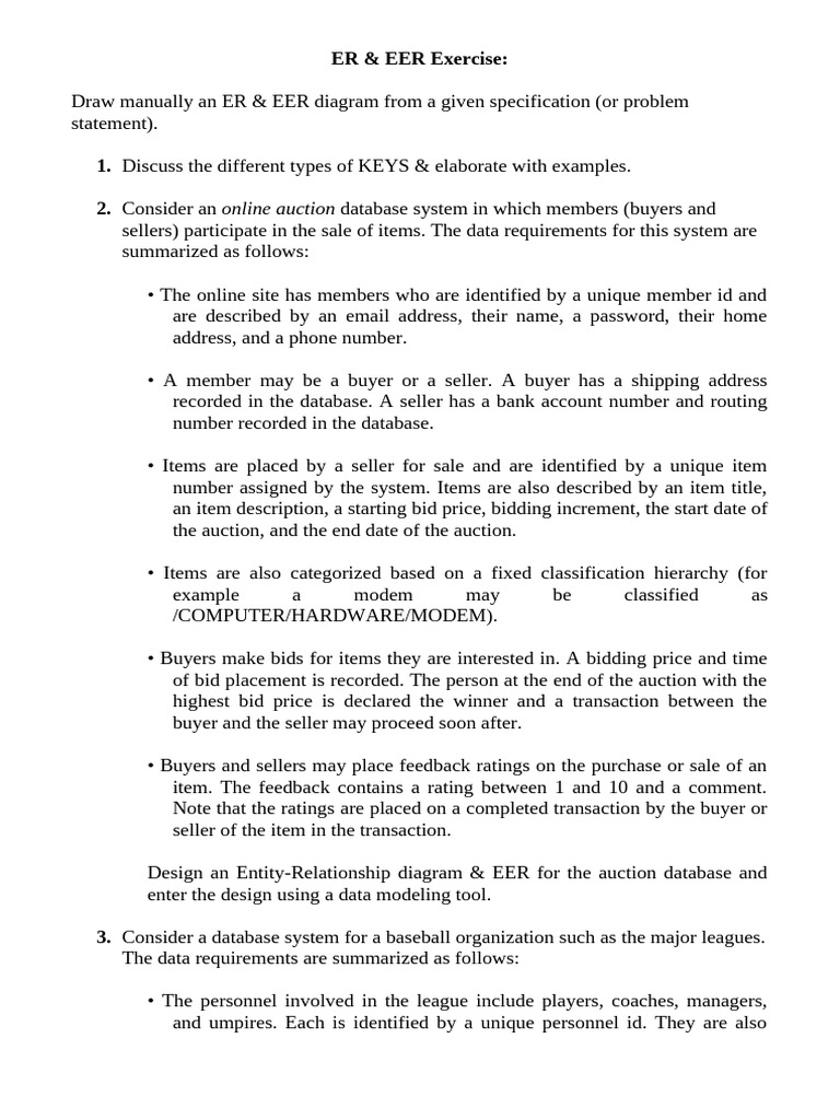ER & EER Exercises | PDF | Auction | Databases
