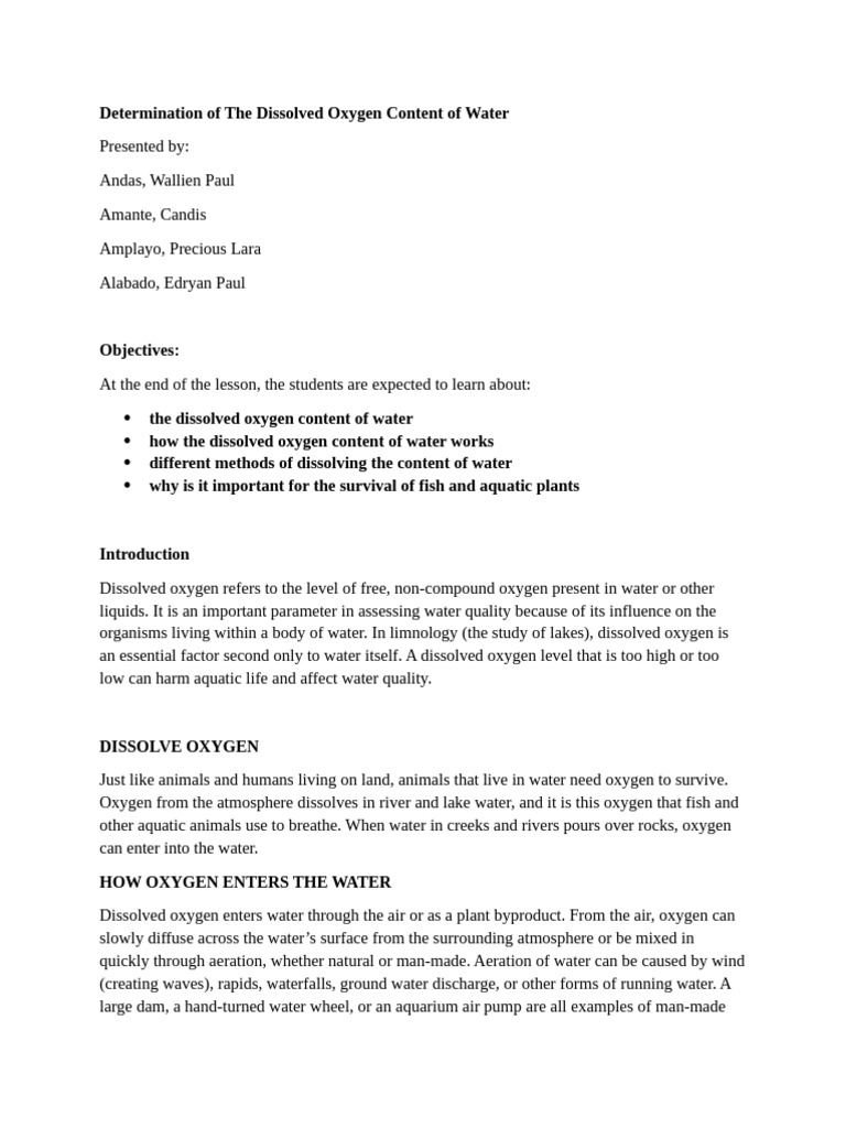 Determination of The Dissolved Oxygen Content of Water | PDF | Aquatic ...
