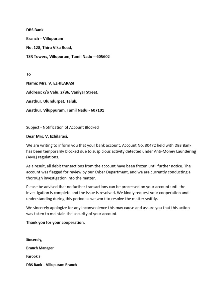 Account Blocked Notification - DBS Bank | PDF