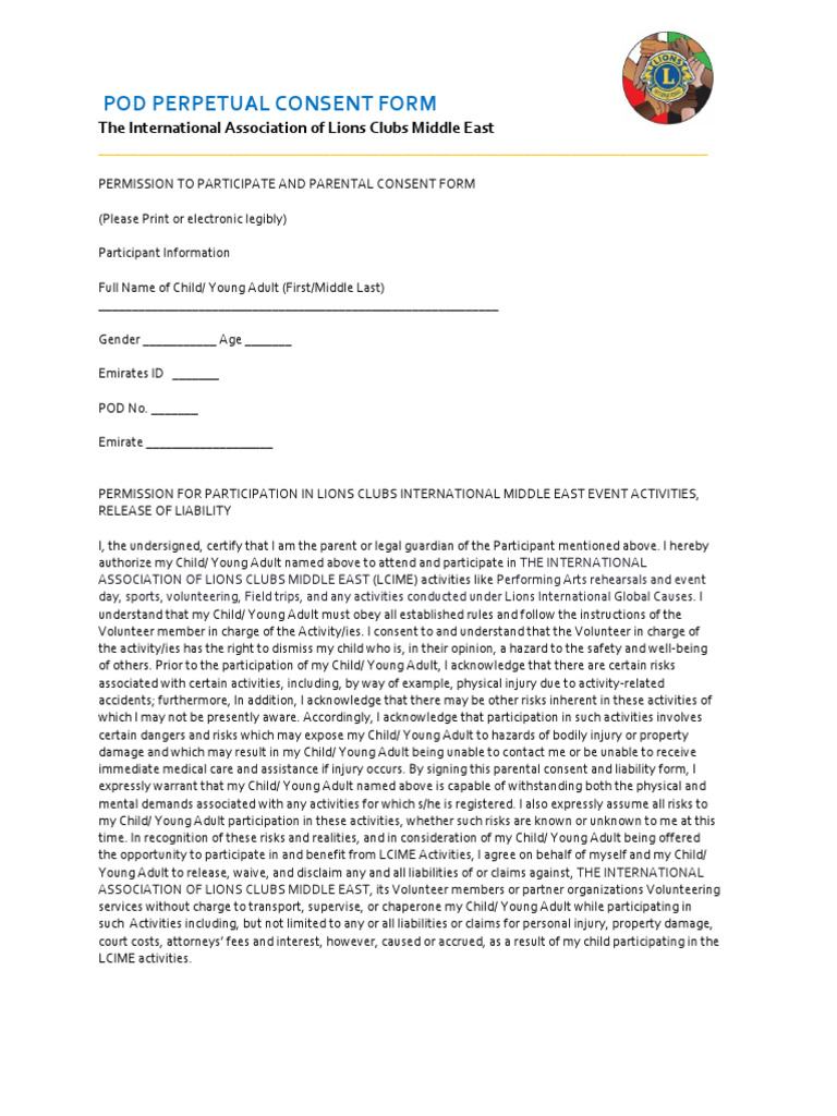 Lions Clubs Parental Consent Form | PDF | Consent
