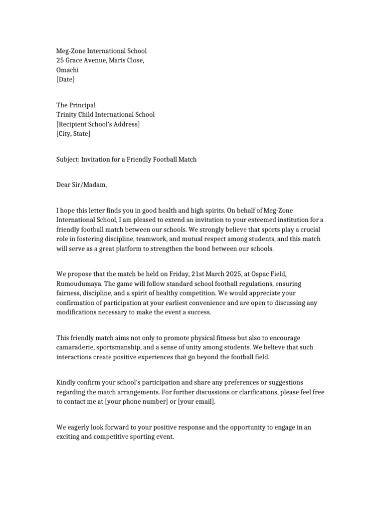 Friendly Football Match Invitation Letter | PDF