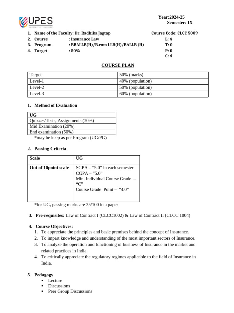 Insurance Law Course Plan 2024-25 | PDF | Educational Technology ...