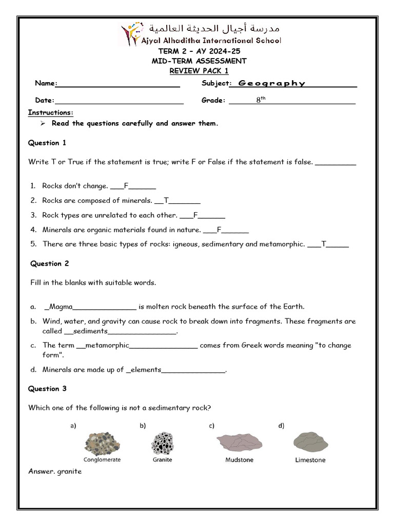 2nd Term Assessment Revision Geo 8 (1) (Answer Key) | PDF | Rock ...