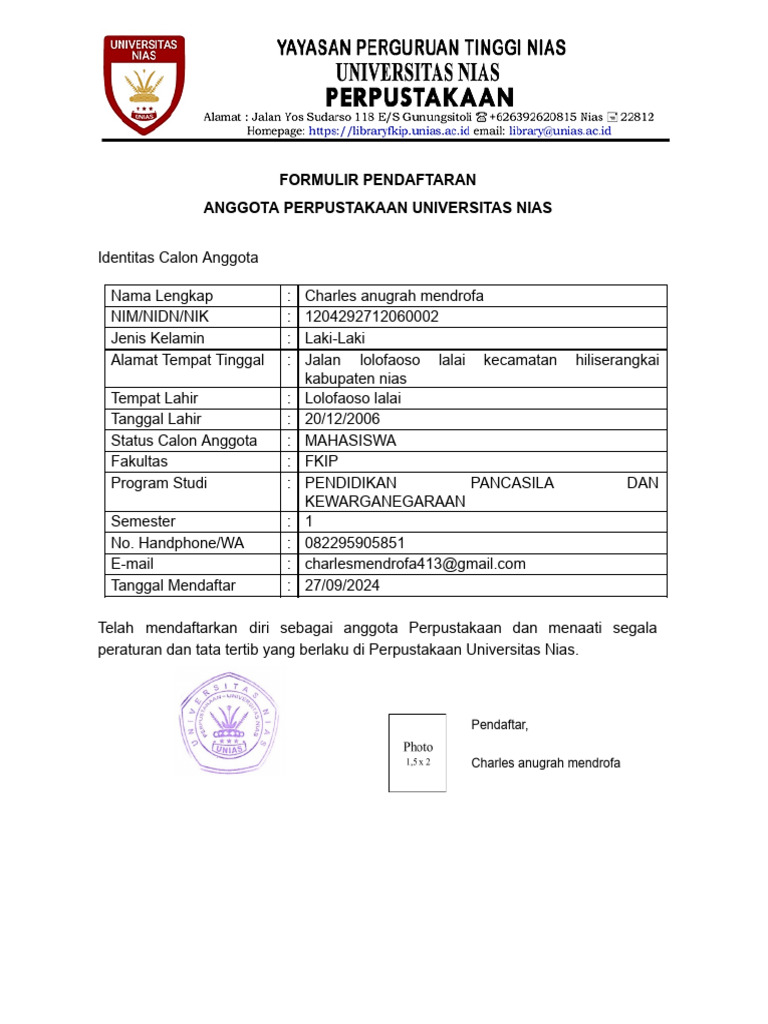 Formulir Pendaftaran Anggota Perpustakaan Unias Charles Anugrah Mendrofa | PDF
